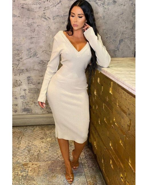 Femme Luxe Ribbed V Neck Midi Jumper Dress in Natural | Lyst UK