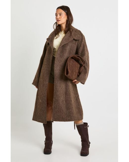 Boohoo Maxi Belted Wool Blend Coat in Brown | Lyst UK