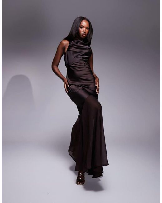 ASOS Satin Chiffon Mix Draped Bodice Open Cowl Back Maxi Dress in Brown ...