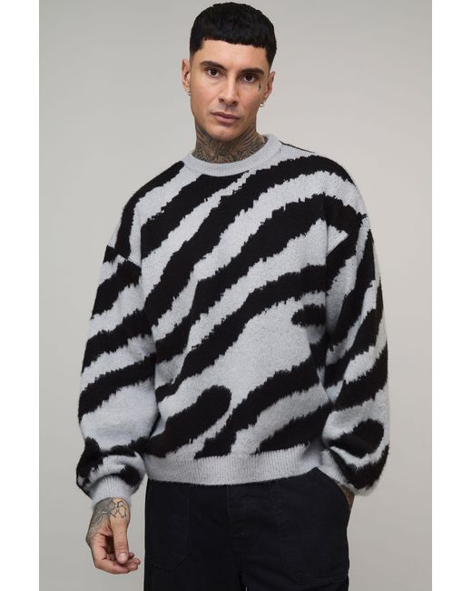 BoohooMAN Tall Boxy Oversized Brushed Animal Knitted Jumper in Grey for ...