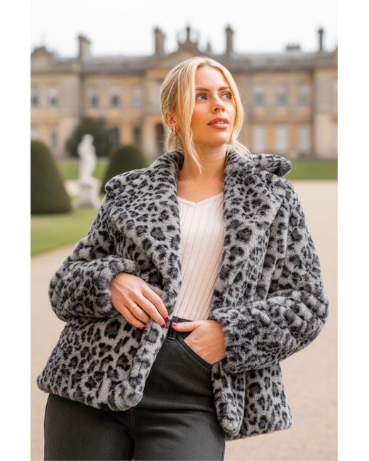 Roman Faux Snow Leopard Fur Coat in Black | Lyst UK