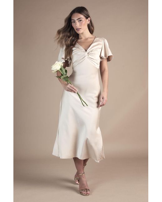 Oasis Petite Satin Twist Angel Sleeve Midi Bridesmaid Dress in Natural ...