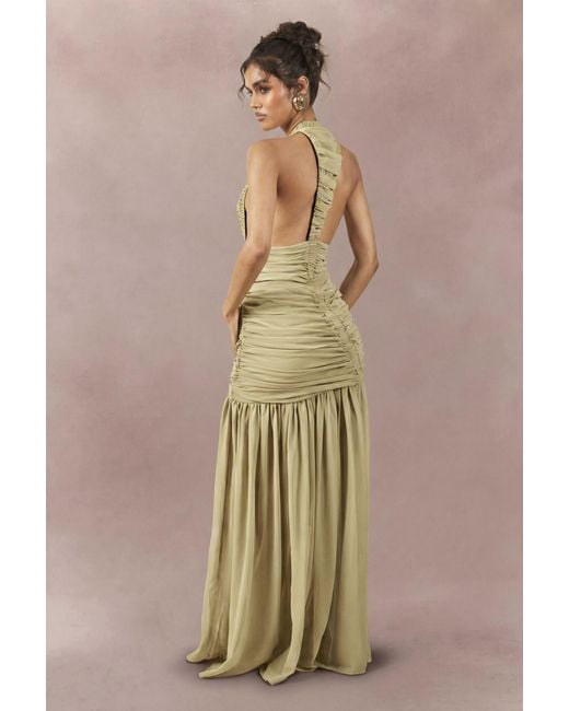 Boohoo Chiffon Extreme Ruched Plunge Front Maxi Dress in Natural | Lyst UK