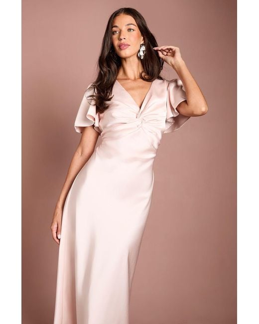Oasis Blush Satin Twist Front Angel Sleeve Midi Bridesmaid Dress in ...