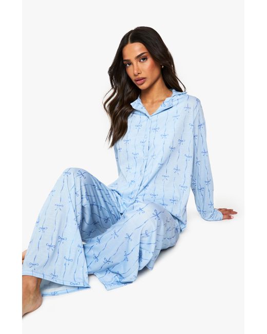 Boohoo Petite Bow Print Long Sleeve Shirt & Pants Pyjama Set in Blue ...