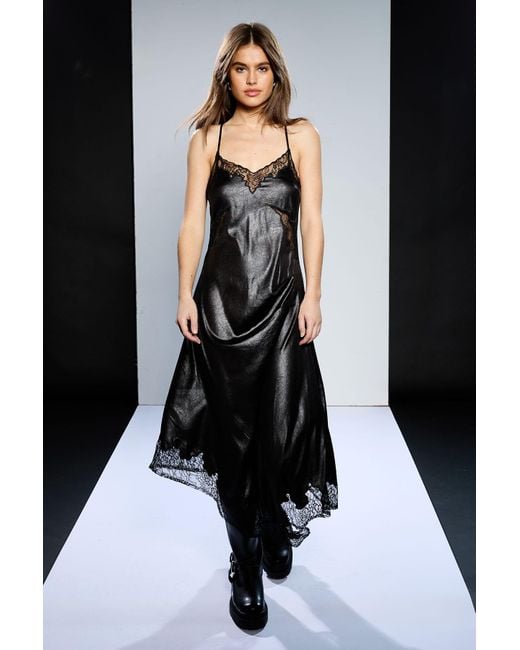 Runway 1.8.1.8 Pu Satin Slip Dress With Lace in Black | Lyst UK