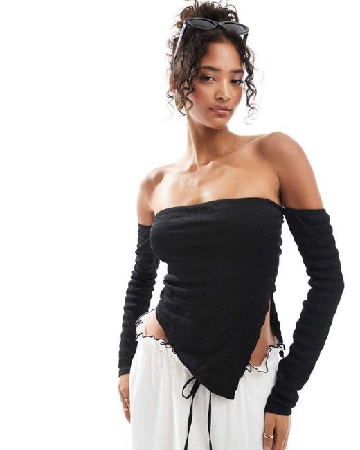 ASOS Textured Bardot Top With Asymmetric Hem in Black | Lyst UK