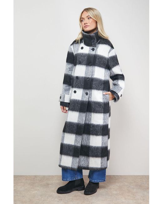 Oasis Brushed Check Funnel Neck Coat in Blue | Lyst UK
