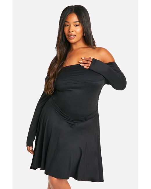 Boohoo Plus Off Shoulder Long Sleeve Skater Dress in Black | Lyst UK