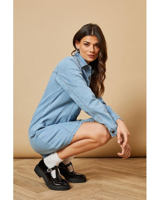 Oasis Charis Faux Patent Leather T Bar Mary Jane Chunky Shoes in Blue ...