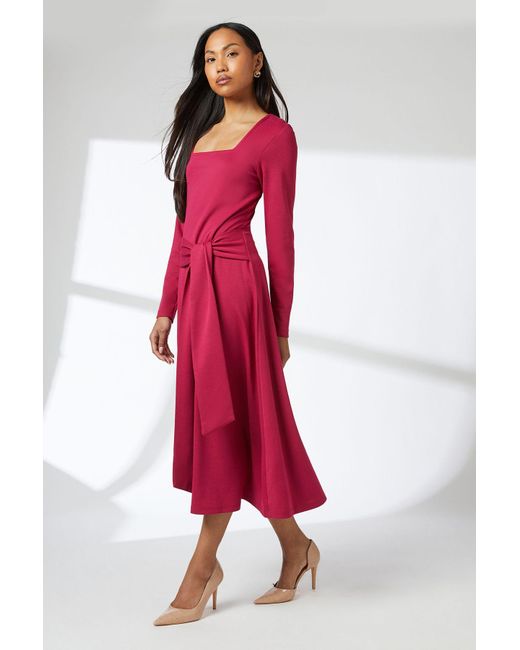 PRINCIPLES Raspberry Square Neck Belted Ponte Midi Dress in Red | Lyst UK