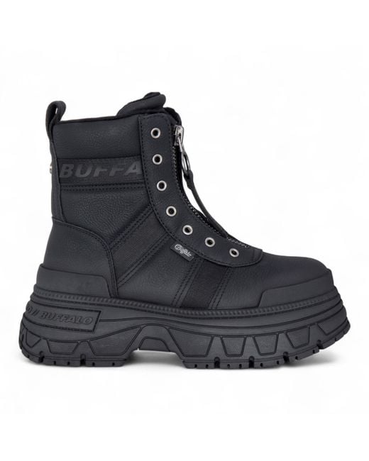 Buffalo Chunky Platform Front Zip High Ankle Combat Boots in Black ...