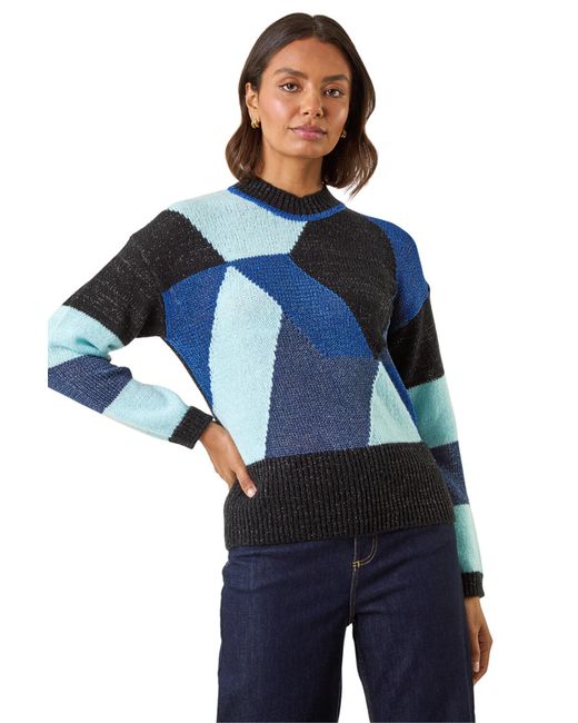 Roman Metallic Colour Block Knit Jumper in Blue | Lyst UK