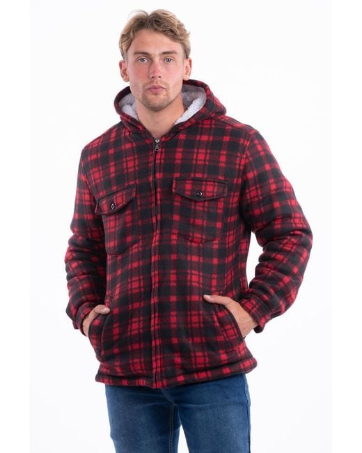 Port Nova Hooded Fleece Lined Check Shirt Jacket Zip in Red for Men ...