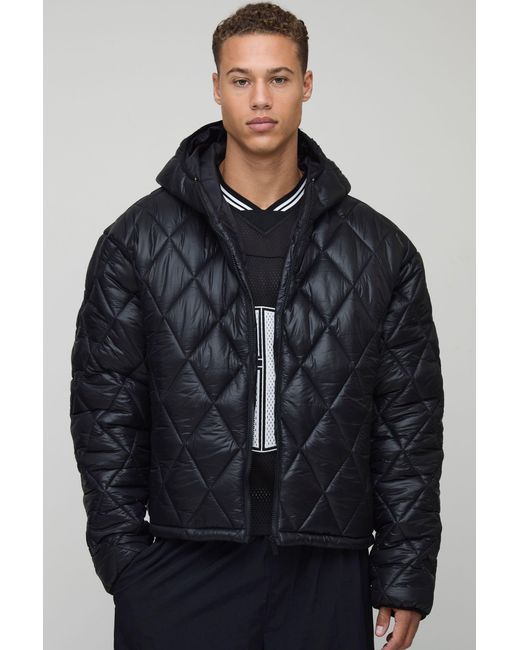 BoohooMAN Tall Oversized Boxy High Shine Quilted Hooded Funnel Puffer ...