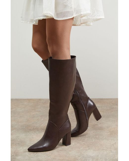 Oasis Jemima Faux Leather High Block Heel Pointed Knee Boots in Brown ...