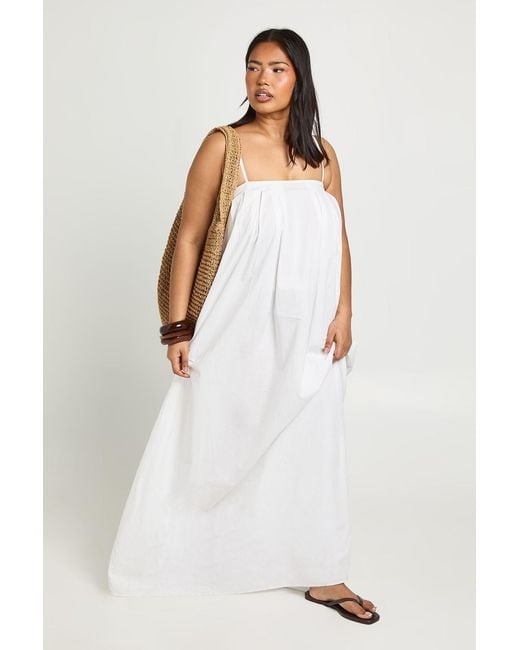 Boohoo Plus Cotton Poplin Pleated Volume Maxi Dress in White | Lyst UK