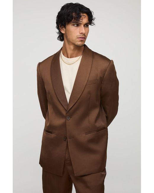 BoohooMAN Relaxed Fit Satin Shawl Collar Blazer in Brown for Men | Lyst UK