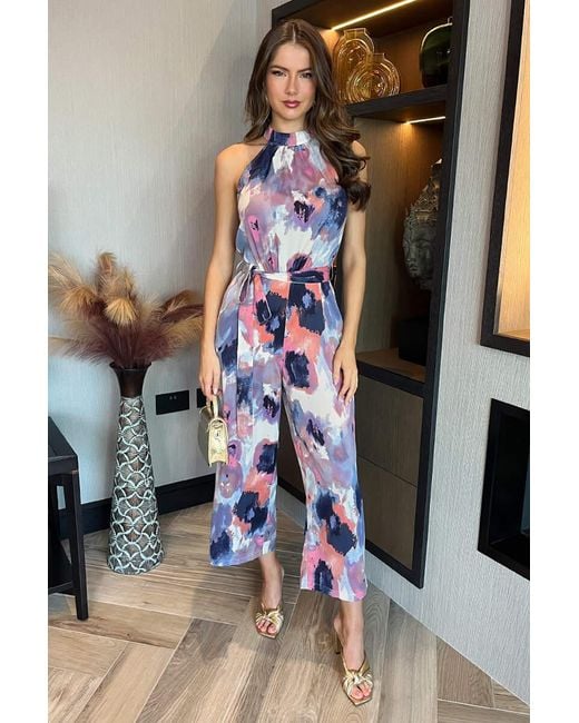 AX Paris Multi Smudge Print Halter Neck Tie Waist Jumpsuit | Lyst UK