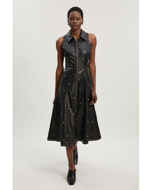 Karen Millen Studded Leather Zip Through Full Midi Dress in Black | Lyst UK