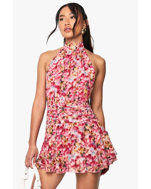 Boohoo Floral Chiffon Pleated Mini Dress in Red | Lyst UK