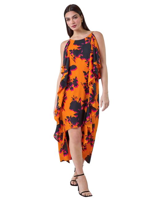 Ariella Floral Chiffon Ruffle Detail Midi Dress in Orange | Lyst UK