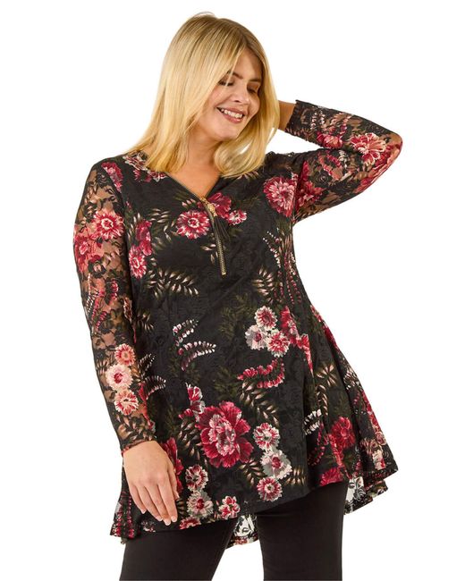 Roman Curve Zip Front Floral Lace Top in Red | Lyst UK
