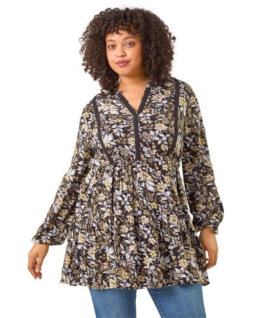 Roman Curve Floral Woven Tunic Top in White | Lyst UK