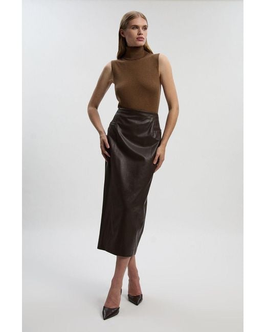 Karen Millen Petite Faux Leather Seam Waist Detail Pencil Midi Skirt in ...