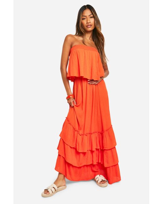 Boohoo Bandeau Ruffle Maxi Dress in Red | Lyst UK