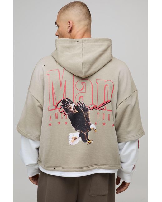 BoohooMAN Stone Oversized Boxy Washed Eagle Faux Layer Loopback Printed ...