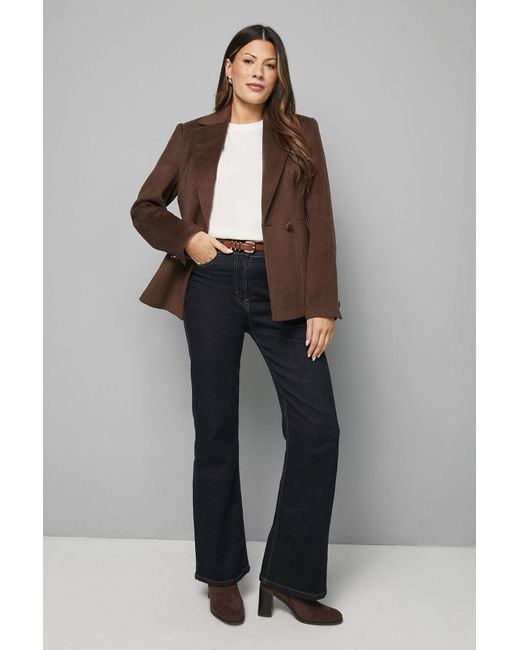 Wallis Double Breasted Puff Shoulder Jacket in Brown | Lyst UK