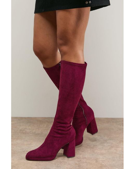 Oasis Florence Faux Suede Platform Block Heel Sock Knee Boots in Red ...