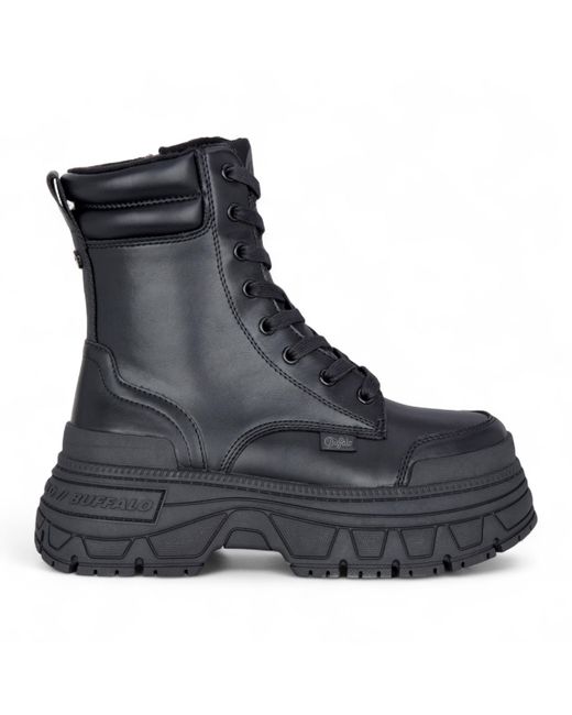Buffalo Chunky Platform Lace Up Mid High Combat Boots in Black | Lyst UK