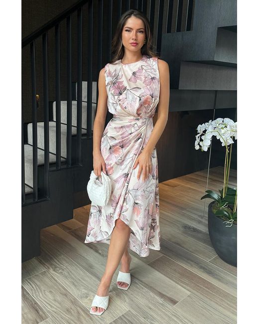 AX Paris Floral Print Gathered Midi Dress With Shoulder Pads in Black ...