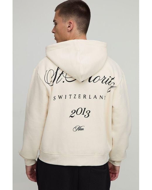 BoohooMAN Oversized Boxy St. Moritz Graphic Zip Through Hoodie in ...