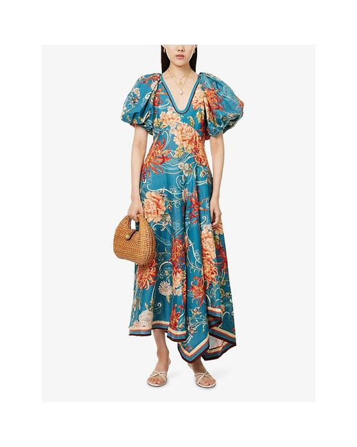 ALÉMAIS Fletcher Puff-Sleeve Ramie Midi Dress in Blue | Lyst UK