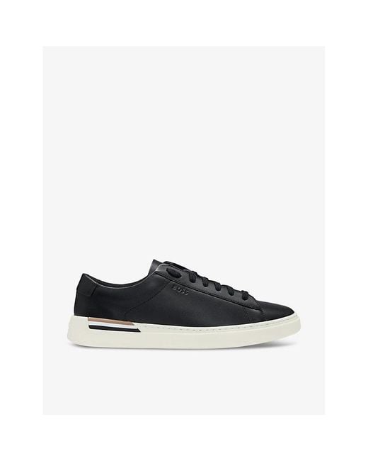 BOSS Signature-Stripe Logo Cupsole Leather Trainers in Blue for Men | Lyst