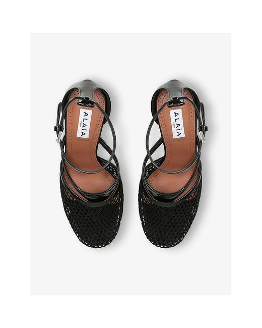 Alaïa Infradito Fishnet 90 Patent-Leather Heeled Sandals in Black | Lyst