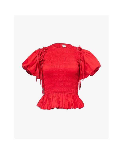 Damson Madder Becca Puffed-Sleeves Cotton Top in Red | Lyst