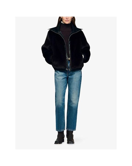 Sandro Short Stand-Collar Faux-Fur Coat in Black | Lyst UK