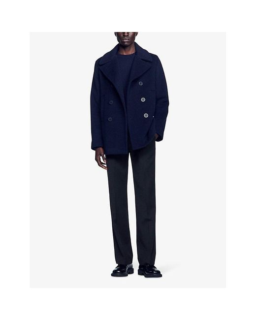 Sandro Double-Breasted Peak-Lapel Wool-Blend Coat in Blue for Men | Lyst UK