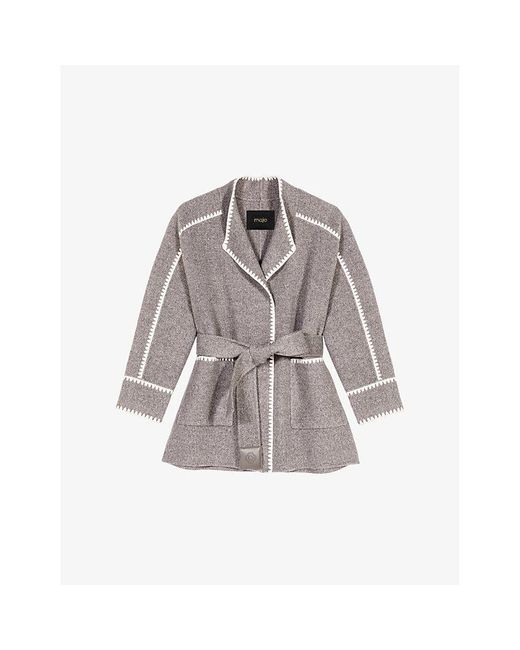 Maje Belted Embroidered-Trim Wool-Blend Coat in Grey | Lyst UK