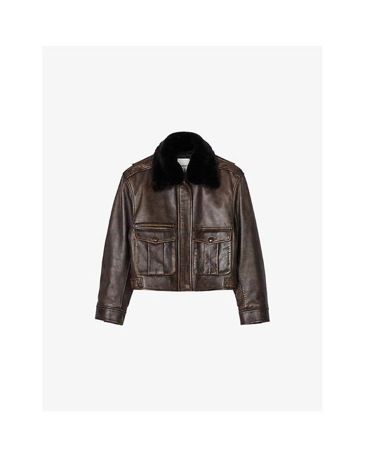 Sandro Shearling-Collar Regular-Fit Leather Jacket in Black | Lyst