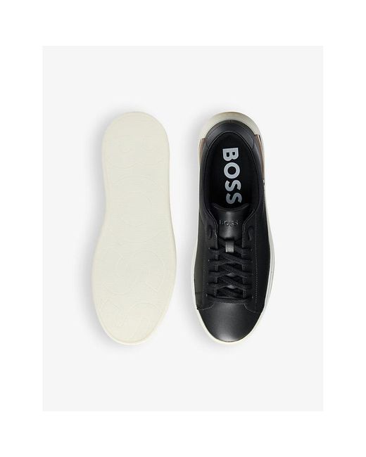 BOSS Signature-Stripe Logo Cupsole Leather Trainers in Blue for Men | Lyst