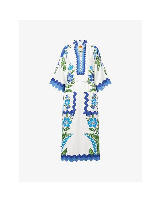 FARM Rio Tropicance Belted Linen-Blend Midi Dress in Blue | Lyst