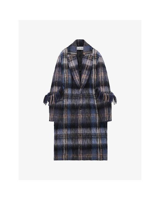 Loewe Check Brushed Mohair-Wool Long Coat in Blue | Lyst