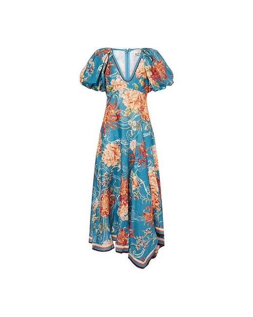 ALÉMAIS Fletcher Puff-Sleeve Ramie Midi Dress in Blue | Lyst