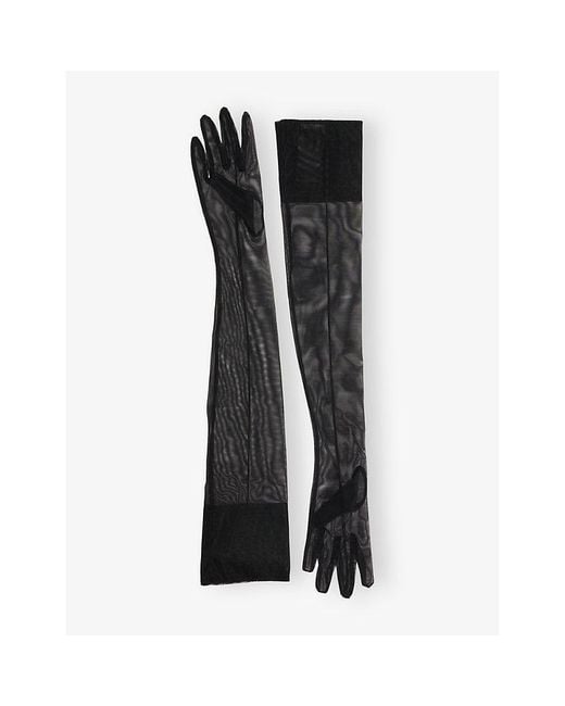 Mugler Sheer Mesh Stretch-Woven Long Gloves in Black | Lyst