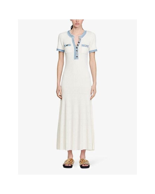 Sandro Denim-trim Knitted Maxi Dress in White | Lyst